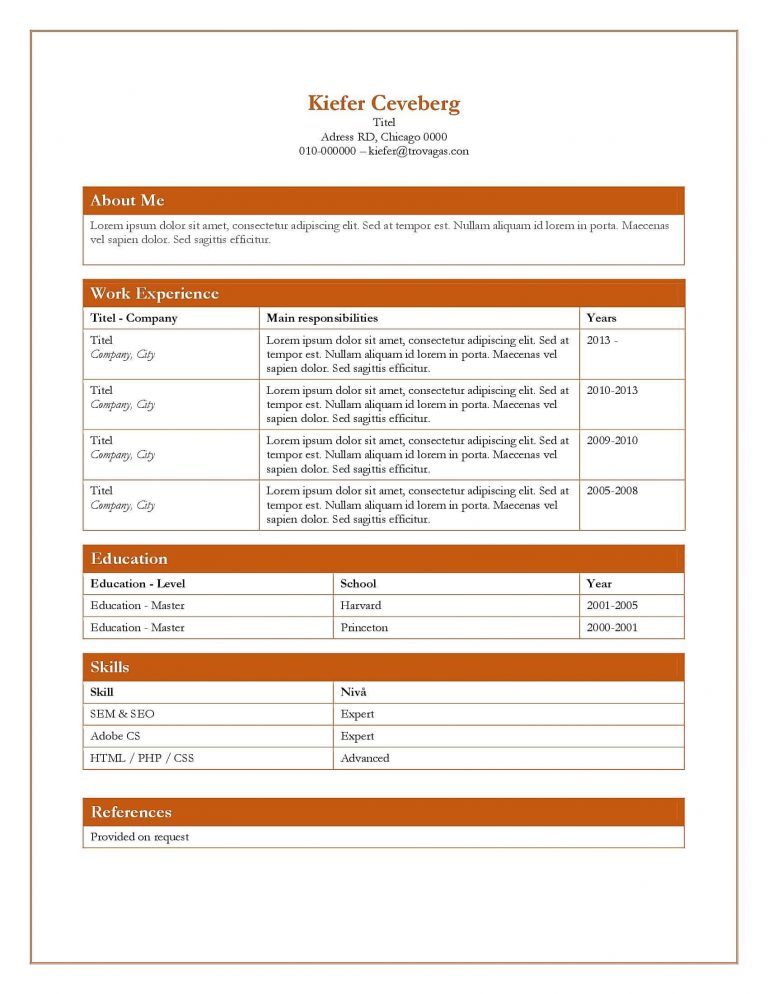 Curriculum vitae em inglês preenchido em Word para baixar