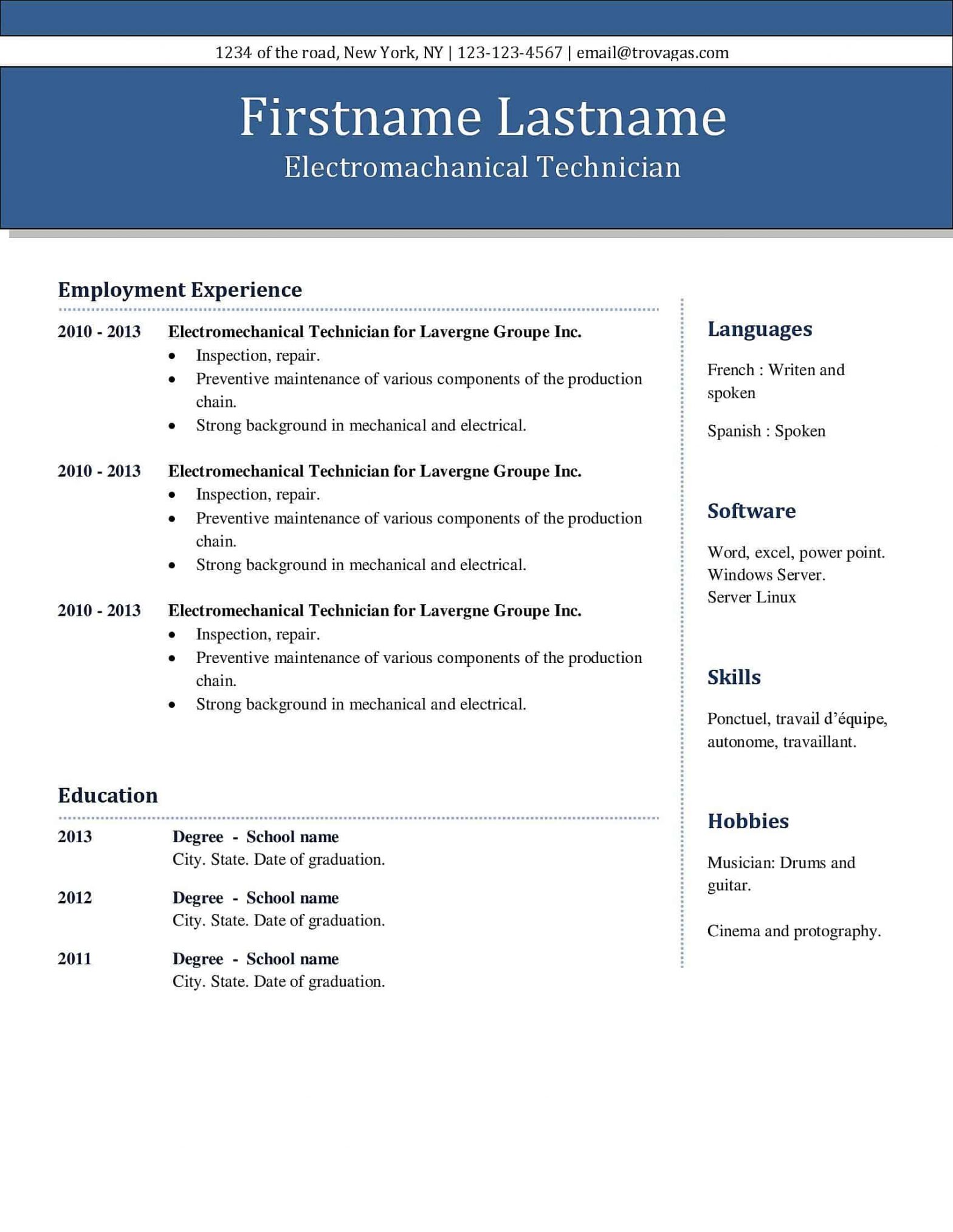 Curriculum vitae em inglês preenchido em Word para baixar