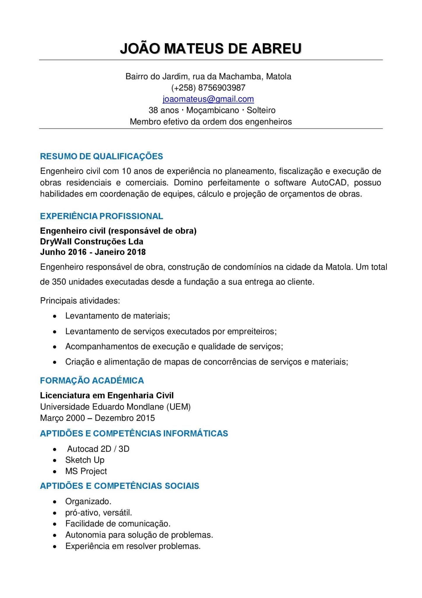 Modelo de currículo de engenheiro civil em Word Modelo de currículo de engenheiro civil em Word
