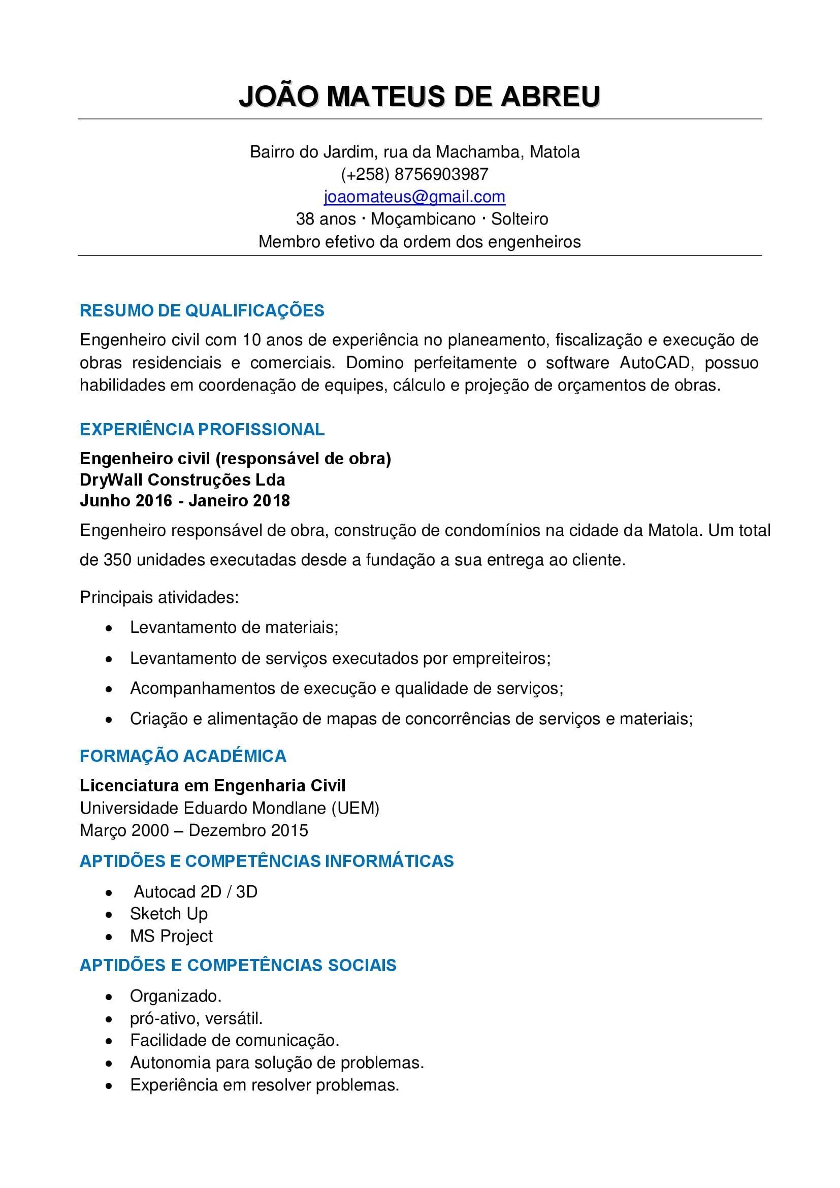 Modelo de currículo de engenheiro civil em Word Modelo de currículo de engenheiro civil em Word