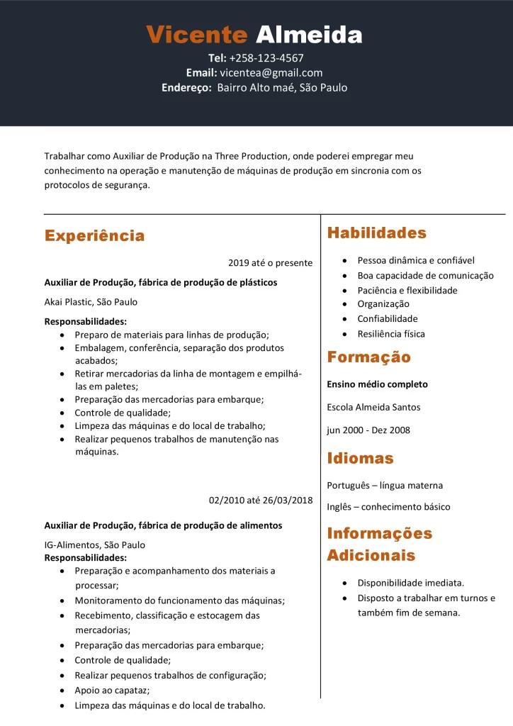 Currículo de Auxiliar de Produção: Exemplo + dicas como fazer Currículo de Auxiliar de Produção: Exemplo + dicas como fazer