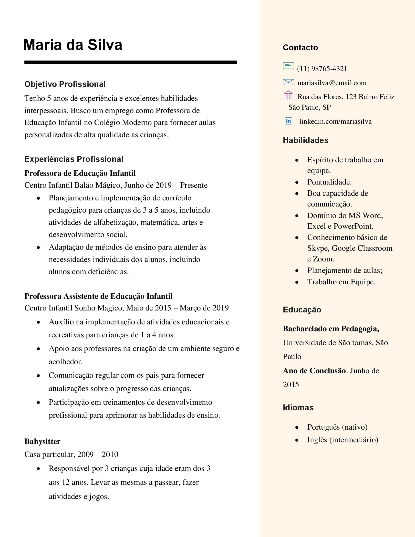 Modelo De Curriculo Para Professora - BRAINCP Modelo De Curriculo Para Professora - BRAINCP