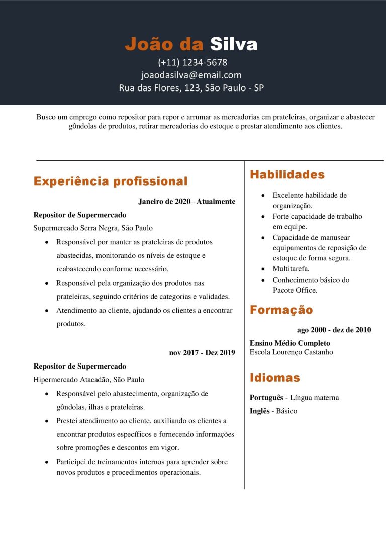 Modelo de Curriculum Vitae grátis em Português
